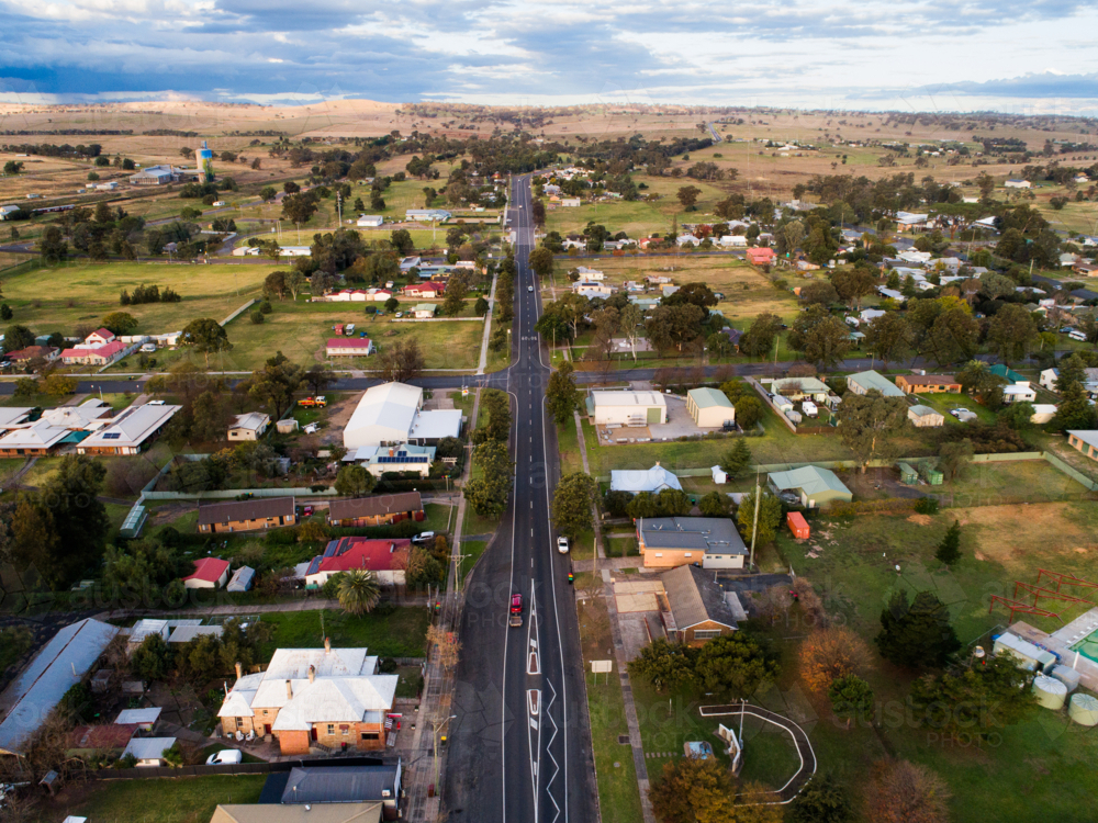 Image of Aerial view of intersection of roads in country town of ...