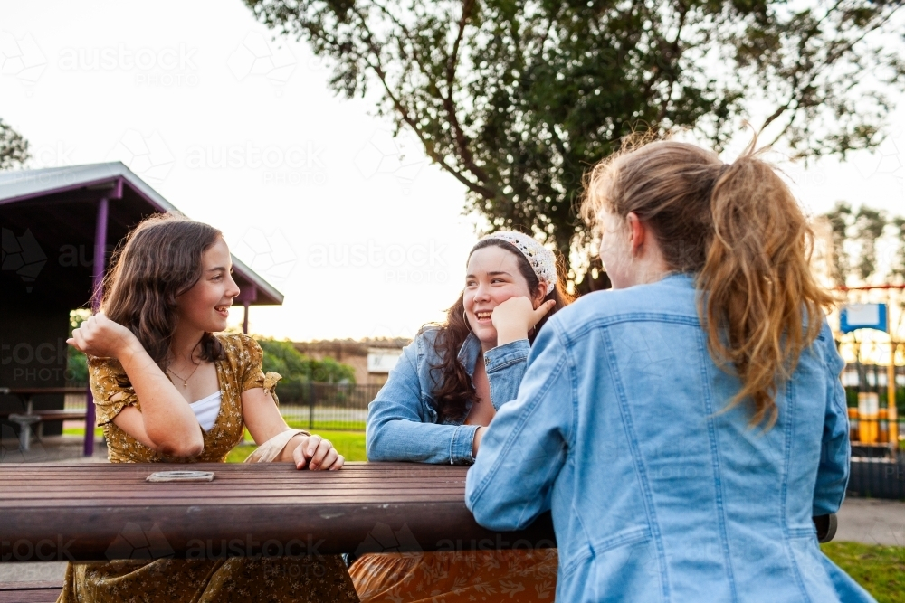 Image of Group of teen friends chatting together having a conversation ...